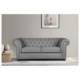 3-Sitzer Home Affaire "CHARENTE, optionale Schlafsofa, Chesterfield-Sofa, Bettfunktion", grau (hellgrau), B:198cm H:74cm T:89cm, 100% Polyester, Sofas, mit edler Knopfheftung und typischen Armlehnen, B/T/H 198/89/74 cm