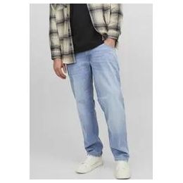 Jack & Jones Tapered-fit-Jeans "JJIMIKE mit Abriebeffekten und funktionalen Taschen", Herren, Gr. 46, L&auml;nge 32, blau (blau denim), Denim/Jeans, Obermaterial: 76% Baumwolle, 22% Polyester, 2% Elasthan, JACK & JONES PLUSSIZE, Abriebeffekte, bequem lang, Jeans, mit Used-Optik