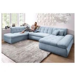 Wohnlandschaft DOMO collection "Moric Luxus incl. Zierkissen", blau (pastelblau), B:353cm H:80cm T:216cm, Chenille (85% Polyester, 15% Acryl), Sofas, Wohnlandschaft, U-Form, bis 140kg pro Sitzplatz belastbar, XXL B/T/H: 353/216/80 cm