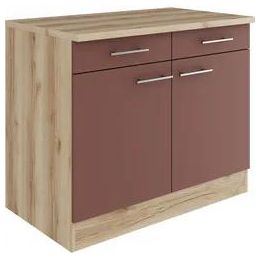 Unterschrank Optifit "Bella", rot (rostrot, wildeiche, wildeiche), B:100cm H:84,8cm T:60cm, Holzwerkstoff, Schr&auml;nke, Unterschrank, Breite 100 cm, mit 2 T&uuml;ren und 2 Schubk&auml;sten