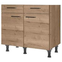 Unterschrank Nobilia "Structura", vormontiert, Breite 90 cm, Soft-Close-Funktion", braun (front und korpus: eiche havanna nachbildung), B:90cm H:87cm T:58,3cm, Schr&auml;nke, Unterschrank, bei den Schubk&auml;sten, inkl. h&ouml;henverstellbare Sockelf&uuml;&szlig;e