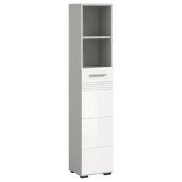 Hochschrank Welltime "Calcio, H&ouml;he 150 cm, 1 T&uuml;r, 2 offene F&auml;cher, 3 Einlegeb&ouml;den", grau (hellgrau, wei&szlig; hochglanz), B:30cm H:150cm T:30cm, FSC-zertifizierter Holzwerkstoff, Schr&auml;nke, Hochschrank, T&uuml;ranschlag wechselbar, MDF Front, Badschrank, Bad-M&ouml;bel, Badezimmer