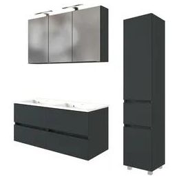 Badm&ouml;bel-Set Welltime "Welltime M&ouml;bel Baabe Waschtisch-Set 3tlg. oder 5tlg.", grau (matt grau), Set 8 3tlg.: Waschtisch 120cm breit, Spiegelschrank 120cm breit, Seitenschrank, Holzwerkstoff, Kastenm&ouml;bel-Sets, Badm&ouml;bel-Set, ged&auml;mpfte Scharniere und Softclose-Funktion, inklusive LED-Beleuchtung