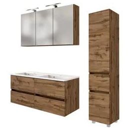 Badm&ouml;bel-Set Welltime "Welltime M&ouml;bel Baabe Waschtisch-Set 3tlg. oder 5tlg.", braun (wotaneiche), Set 8 3tlg.: Waschtisch 120cm breit, Spiegelschrank 120cm breit, Seitenschrank, Holzwerkstoff, Kastenm&ouml;bel-Sets, Badm&ouml;bel-Set, ged&auml;mpfte Scharniere und Softclose-Funktion, inklusive LED-Beleuchtung