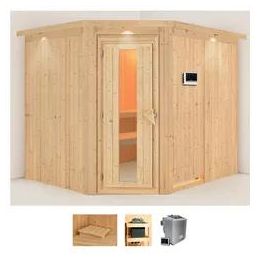 Sauna Karibu "Marit", beige (naturbelassen), Bio-Kombiofen, externe Steuerung, 9 kW, Saunen, Ofen 9 kW Bio externe Strg easy