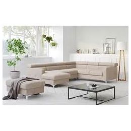 Wohnlandschaft COTTA "Sammy U-Form", grau (platinum), B:304cm H:74cm T:240cm, NaturLEDER, die R&uuml;ckseite ist mit schwarzem und die Liegefl&auml;che der Bettfunktion ist mit beigem Spannstoff bezogen, Sofas, Wohnlandschaft, mit Kopfteilverstellung, wahlweise mit Bettfunktion & Bettkasten