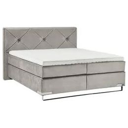 Boxspringbett "Dubai", grau (d 041 grau), B:217cm L:214cm, Gallery M BRANDED BY MUSTERRING, Komplettbetten, Boxspringbett, Kufe in Chrom, 3 H&auml;rtegrade, Kopfteil mit Knopfheftung