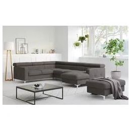 Wohnlandschaft COTTA "Sammy U-Form", grau (stone), B:304cm H:74cm T:240cm, NaturLEDER, die R&uuml;ckseite ist mit schwarzem und die Liegefl&auml;che der Bettfunktion ist mit beigem Spannstoff bezogen, Sofas, Wohnlandschaft, mit Kopfteilverstellung, wahlweise mit Bettfunktion & Bettkasten