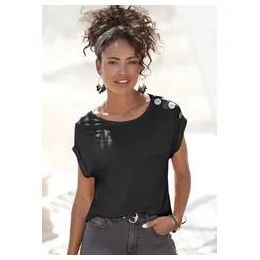 Kurzarmshirt Buffalo, Damen, Gr. 40/42, schwarz, Jersey, Obermaterial: 100% Viskose, unifarben, figurumspielend h&uuml;ftlang, Rundhals, Aufschlag, Shirts, mit Zierkn&ouml;pfen, bequemes T-Shirt aus Jersey, Basic, Topseller