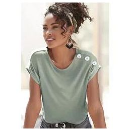Kurzarmshirt Buffalo, Damen, Gr. 44/46, gr&uuml;n (khaki), Jersey, Obermaterial: 100% Viskose, unifarben, figurumspielend h&uuml;ftlang, Rundhals, Aufschlag, Shirts, mit Zierkn&ouml;pfen, bequemes T-Shirt aus Jersey, Basic, Topseller