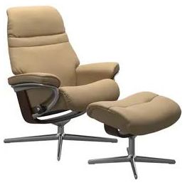 Relaxsessel stressless "Sunrise", beige (sand paloma), B:92cm H:105cm T:80cm, Leder PALOMA: PALOMA ist ein durchgef&auml;rbtes Semianilin-M&ouml;belleder mit nat&uuml;rlicher Narbung., Sessel, Relaxsessel, mit Hocker, mit Cross Base, Gr&ouml;&szlig;e S, M & L, Holzakzent Braun
