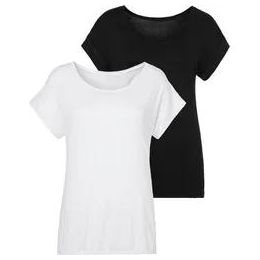 Kurzarmshirt Vivance "mit Gummizug im Bund", Damen, Gr. 40/42, schwarz-wei&szlig; (wei&szlig;, schwarz), Obermaterial: 95% Viskose, 5% Elasthan, unifarben, Basic, figurumspielend normal, Rundhals, angeschnitten, Shirts, aus weichem Viskose-Stretch