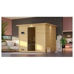 Sauna Karibu "Soraja", beige (naturbelassen), Bio-Kombiofen, externe Steuerung, 9 kW, Saunen, Ofen 9 kW Bio externe Strg easy