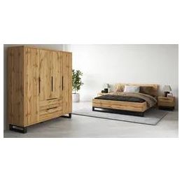 Schlafzimmer-Set Home Affaire "Bronne,Komplettschlafzimmer (Set,4-St)", braun (wotan eiche), B:188cm H:93,5cm T:208,5cm, Dekorfolie, FSC-zertifizierter Holzwerkstoff, Metall, Schlafzimmerm&ouml;bel-Sets, Schlafzimmer-Set, Schrank 191cm breit, 2xNachtische, Bett180/200cm