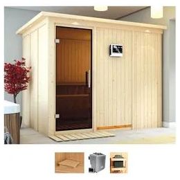 Sauna Karibu "Gitte", beige (naturbelassen), Bio-Kombiofen, externe Steuerung, 9 kW, Saunen, Ofen 9 kW Bio externe Strg easy