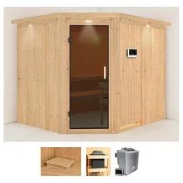 Sauna Karibu "Marit", beige (naturbelassen), Bio-Kombiofen, externe Steuerung, 9 kW, Saunen, Ofen 9 kW Bio externe Strg easy