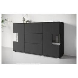 Sideboard OTTO HOME "Kenia", schwarz (graphite schwarz matt), B:150cm H:89cm T:39,5cm, FSC-zertifizierter Holzwerkstoff, Glas, Hartfaserplatte, Kunststoff, Sideboards, Sideboard, Sideboard mit 3 Schubladen, 6 F&auml;chern, Glast&uuml;ren, Breite 150 cm, Topseller