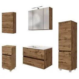 Badm&ouml;bel-Set Welltime "Welltime M&ouml;bel Baabe Waschtisch-Set 3tlg. oder 5tlg.", braun (wotaneiche), Set 10 5tlg.: Waschtisch 80cm breit, Spiegelschrank 80cm breit, H&auml;ngeschrank, Unterschrank, Midischrank, Holzwerkstoff, Kastenm&ouml;bel-Sets, Badm&ouml;bel-Set, ged&auml;mpfte Scharniere und Softclose-Funktion, inklusive LED-Beleuchtung