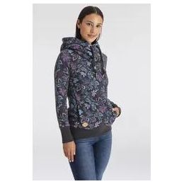 Kapuzensweatshirt Ragwear "GRIPY FLOWERS O", Damen, Gr. XL, schwarz, Sweatware, Obermaterial: 70% Baumwolle, 30% Polyester, bedruckt, gebl&uuml;mt, gemustert, kontrastfarbene Details, mehrfarbig, figurumspielend h&uuml;ftbedeckend, asymmetrischer Ausschnitt, Sweatshirts, Hoodie mit floralem All Over-Druck