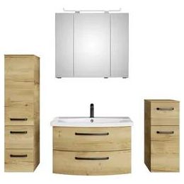 Badm&ouml;bel-Set SAPHIR "Serie 4010 4-teilig Keramik-Waschtisch mit LED-Spiegelschrank", braun (halifax eiche quer nachbildung), B:144cm H:200cm T:45cm, Holzwerkstoff, Kastenm&ouml;bel-Sets, Badm&ouml;bel-Set, Badezimmer Set mit Unterschrank, Midischrank, inkl. T&uuml;rd&auml;mpfer