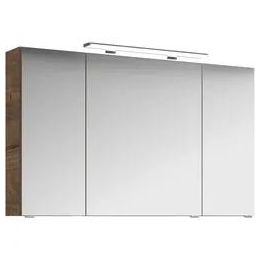 Badezimmerspiegelschrank SAPHIR "Serie 4010 Badezimmer-Spiegelschrank inkl. LED-Aufsatzleuchte", braun (eiche ribbeck quer nachbildung), B:120cm H:73,8cm T:17cm, Schr&auml;nke, Badschrank 120 cm breit, 3 T&uuml;ren, 6 Glas-Einlegeb&ouml;den, inkl T&uuml;rd&auml;mpfer