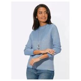 Stehkragenpullover Casual Looks "Pullover", Damen, Gr. 54, blau (mittelblau, ecru, geringelt), 50% Baumwolle, 50% Polyacryl, gemustert, gestreift, mehrfarbig, Pullover Stehkragenpullover
