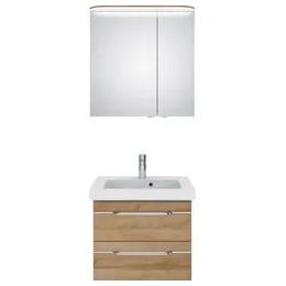 Badm&ouml;bel-Set SAPHIR "Balto Sprint 2-teilig, Mineralmarmor-Waschtisch mit LED-Spiegelschrank", braun (riviera eiche quer nachbildung), B:70cm H:200cm T:46cm, Holzwerkstoff, Kastenm&ouml;bel-Sets, Badm&ouml;bel-Set, Badezimmer Set inkl. T&uuml;rd&auml;mpfer, 70 cm breit, 2 T&uuml;ren, 2 Schubladen