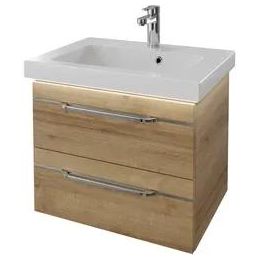 Waschtisch SAPHIR "Serie Balto Mineralmarmor-Waschtisch mit Unterschrank, 64,4 cm breit", braun (riviera eiche quer nachbildung, riviera eiche quer nachbildung), B:64,4cm H:55,6cm T:46cm, Waschtische, Waschtisch, Waschplatz mit 2 Schubladen, Badschrank in verschiedenen Ausf&uuml;hrungen