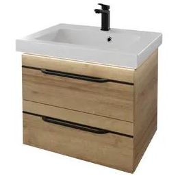 Waschtisch SAPHIR "Serie Balto Mineralmarmor-Waschtisch mit Unterschrank, 64,4 cm breit", braun (riviera eiche quer nachbildung, riviera eiche quer nachbildung), B:64,4cm H:55,6cm T:46cm, Waschtische, Waschtisch, Waschplatz mit 2 Schubladen, Badschrank in verschiedenen Ausf&uuml;hrungen