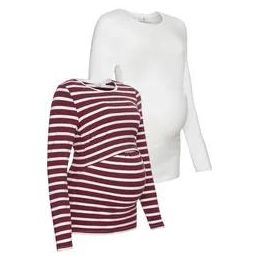 Umstandsshirt Neun Monate "2er Pack Shirts f&uuml;r Schwangerschaft und Stillzeit", Damen, Gr. 44/46, rot (wei&szlig;, bordeaux geringelt), Jersey, Obermaterial: 95% Baumwolle, 5% Elasthan, geringelt, unifarben, Basic, figurbetont h&uuml;ftlang, Rundhals, abgesteppte Kante, Shirts Umstandsshirt, Langarm, figurbetont, unifarben oder geringelt