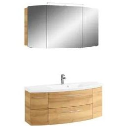 Badm&ouml;bel-Set SAPHIR "Cassca Sprint 2-teilig Mineralmarmor-Waschtisch mit LED-Spiegelschrank", braun (riviera eiche quer nachbildung), B:121cm H:200cm T:50,5cm, Holzwerkstoff, Kastenm&ouml;bel-Sets, Badm&ouml;bel-Set, Waschplatz 121 cm breit mit 5 T&uuml;ren, 2 Schubladen, inkl. T&uuml;rd&auml;mpfer