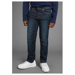 Stretch-Jeans DELMAO "Straight-fit Jeans f&uuml;r Jungen", Jungen, Gr. 152, N-Gr, blau (schwarz denim), Denim/Jeans, Obermaterial: 58% Baumwolle, 40% Polyester, 2% Elasthan, comfort fit lang, Jeans, elastisches Material, Used-Look-Waschung, niedrige Leibh&ouml;he