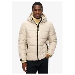 Steppjacke Superdry "HOODED SPORTS PUFFR JACKET", Damen, Gr. XXL, beige (pelican beige), Web, Obermaterial: 100% Polyester, unifarben, slim fit, elastischer Bund, Jacken Steppjacke, mit kontrastfarbener Stickerei