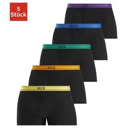 H.I.S. Boxer H.I.S "Boxershorts f&uuml;r Herren", Damen, Gr. XXL, 5 Stk., schwarz (schwarz, lila, schwarz, blau, schwarz, gr&uuml;n, schwarz, gelb, schwarz, orange), Jersey, Obermaterial: 95% Baumwolle, 5% Elasthan, unifarben, eng, Unterhosen, mit Steifen und Logo im Bund