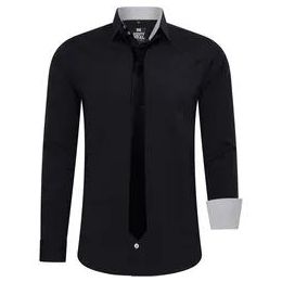 Langarmhemd Rusty Neal, Herren, Gr. XXL, EURO-Gr&ouml;&szlig;en, schwarz (schwarz, grau), 60% Baumwolle, 37% Polyester, 3% Elasthan, unifarben, Hemden, mit Krawatte