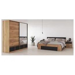 Schlafzimmer-Set Home Affaire "Faweza,Set 4-St(Bett 180 cm, 2xNako, Schwebet&uuml;renschrank)", braun (eiche mauvella, schwarz), B:186cm H:90cm T:205cm, Dekorfolie, FSC-zertifizierter Holzwerkstoff, Kunststoff, Schlafzimmerm&ouml;bel-Sets, Komplettschlafzimmer, viel Stauraum