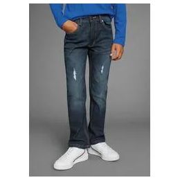 Stretch-Jeans Kidsworld "Straight-fit Jeans mit Distroy-Effekten", Jungen, Gr. 164, N-Gr, blau (schwarz denim washed), Denim/Jeans, Obermaterial: 68% Baumwolle, 31% Polyester, 1% Elasthan, Destroyed-Effekte, Basic, straight fit, Jeans, f&uuml;r Jungen