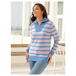 Troyer Casual Looks "Troyer-Pullover", Damen, Gr. 50, blau (himmelblau, rosenquarz, geringelt), 50% Baumwolle, 50% Polyacryl, gemustert, gestreift, mehrfarbig, Pullover Troyer
