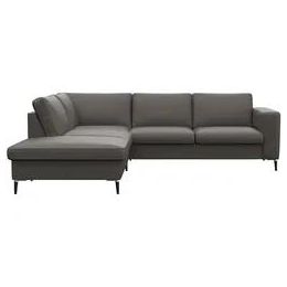 Ecksofa FLEXLUX "Fiore, bequem und komfortabel, zeitlos, L-Form", grau (warm mineral), B:241cm H:85cm T:225cm, 100% Echteder, Sofas, Ecksofa, breite Armlehnen, F&uuml;&szlig;e Alu/schwarz, B/T 241/225 cm, Kaltschaum im Sitz