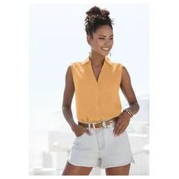 Blusentop Lascana, Damen, Gr. 42, orange (mango peach), Web, Obermaterial: 58% Viskose, 28% Baumwolle, 14% Leinen, unifarben, figurumspielend h&uuml;ftlang, V-Ausschnitt, Blusen Blusentop, aus softer Webware mit Leinenanteil, Damenbluse mit Hemdblusenkragen