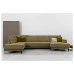 Wohnlandschaft OTTO HOME "XXL Sofa Oland, Struktur, Flachgewebe, Luxus-Microfaser, Boucle", gr&uuml;n (olive), B:345cm H:85cm T:210cm, 100% Polyester, Sofas, Wohnlandschaft, U-Form, 345 cm, Wellenunterfederung, Skandi-Design, Metallf&uuml;&szlig;e