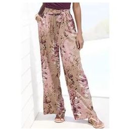 Palazzohose Lascana, Damen, Gr. 42, N-Gr, bunt (taupe, beere bedruckt), Web, Obermaterial: 100% Viskose, bedruckt, figurumspielend lang, Hosen Palazzohose, mit Bindeg&uuml;rtel und Alloverdruck, luftige Sommerhose mit Taschen