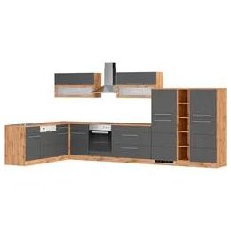 Winkelk&uuml;che KOCHSTATION "KS-Wien", grau (k&uuml;che: grau, front: anthrazit, korpus: wotaneichefarben, arbeitsplatte: wotaneichefarben), B:220cm H:200cm T:420cm, Komplettk&uuml;chen-Sets, Stellbreite 220 x 420 cm, wahlweise mit E-Ger&auml;ten