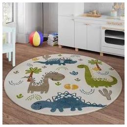 Kinderteppich Smart Kids "Dino & Friends", bunt (creme,wei&szlig;,bunt), H:10mm &Oslash;:120cm, Polypropylen, Teppiche, Kinderteppich, Moderner Spielteppich, strapazierf&auml;hig, pflegeleicht, Konturenschnitt