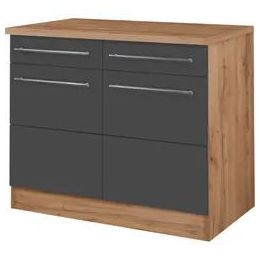 Unterschrank KOCHSTATION "KS-Wien", schwarz (anthrazit, wotaneiche, wotaneiche), B:100cm H:85cm T:60cm, Holzwerkstoff, Schr&auml;nke, Unterschrank, Breite 100 cm, 2 T&uuml;ren, 2 Schubk&auml;sten, f&uuml;r viel Stauraum