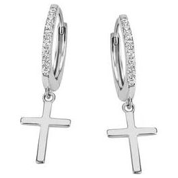 Paar Creolen Firetti "Schmuck Geschenk Silber 925 Kreuz", silber (silberfarben, kristallwei&szlig;, kristallwei&szlig;), Ohrringe, Damen, 14mm, Silber 925 (Sterlingsilber), mit Zirkonia (synth.)