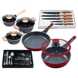 Pfannen-Set King "Moonscape", rot, Pfannen, Induktion, (T&ouml;pfe+Glasdeckel, Pfannen+Deckel,Messer,Besteckset)