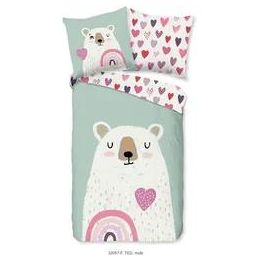 Kinderbettw&auml;sche Good Morning "Ted", rosa, B/L: 135cm x 200cm, 1 Stk., 1 Stk., Flanell, B/L: 80cm x 80cm, 2 Stk., Flanell, Obermaterial: 100% Baumwolle, Bettw&auml;sche, Flanell, Biber, 135x200, Warm, Wende, Kind, B&auml;r, Eisb&auml;r, minzgr&uuml;n