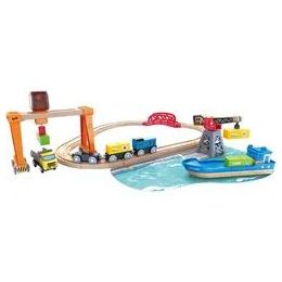 Spielzeug-Eisenbahn HAPE "Abladen und Aufladen im Hafen", bunt, Spielzeugfahrzeuge, KinderB:68,4cm H:17,9cm, Holz, Kunststoff, Metall, B:68,4cm H:17,9cm