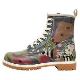 Schn&uuml;rboots DOGO "Long Boots Schn&uuml;rstiefel Bear And Flowers Damen Stiefeletten", Damen, Gr. 40, Normalschaft, beige (natur), Lederimitat, Schuhe Schn&uuml;rboots, Handgefertigt